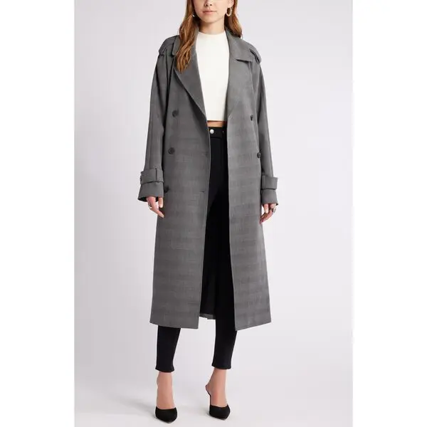 Open Edit Oversized Plaid Trench Coat In Grey Glen Plaid - 55% Off